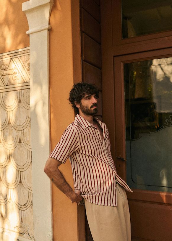Holt Textured Shirt - Beige Rust Stripes - Cotton - Octobre Éditions