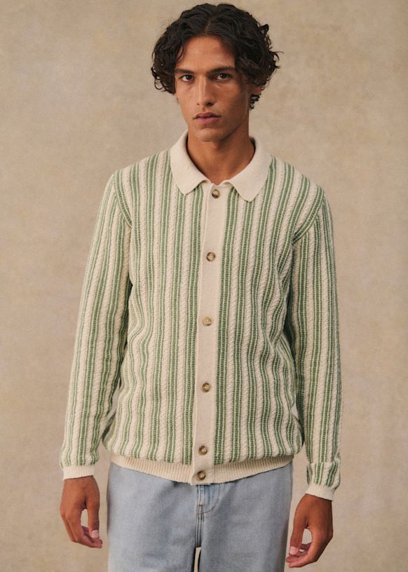 Cardigan Alessio - Écru / Vert Sauge - Coton biologique - textile à base de fibres biologiques ...