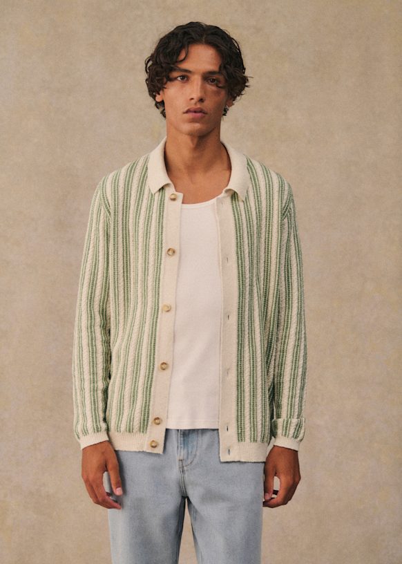 Cardigan Alessio - Écru / Vert Sauge - Coton biologique - textile à base de fibres biologiques ...