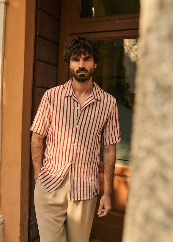 Holt Textured Shirt - Beige Rust Stripes - Cotton - Octobre Éditions