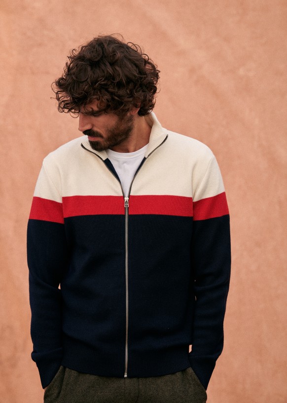 Axel Cardigan - Ecru / Red / Navy - Merino Wool - Octobre Éditions