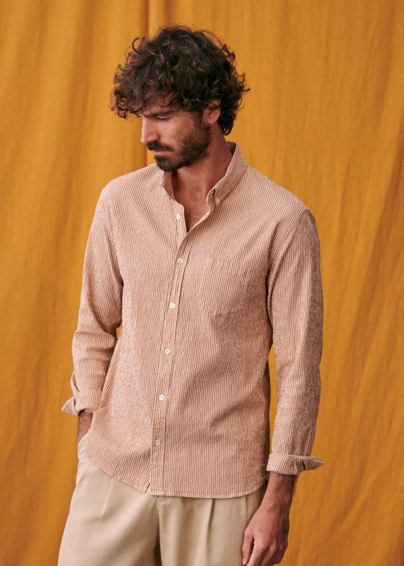Charlie Seersucker Shirt - Ecru / Ochre - Cotton - Octobre Éditions