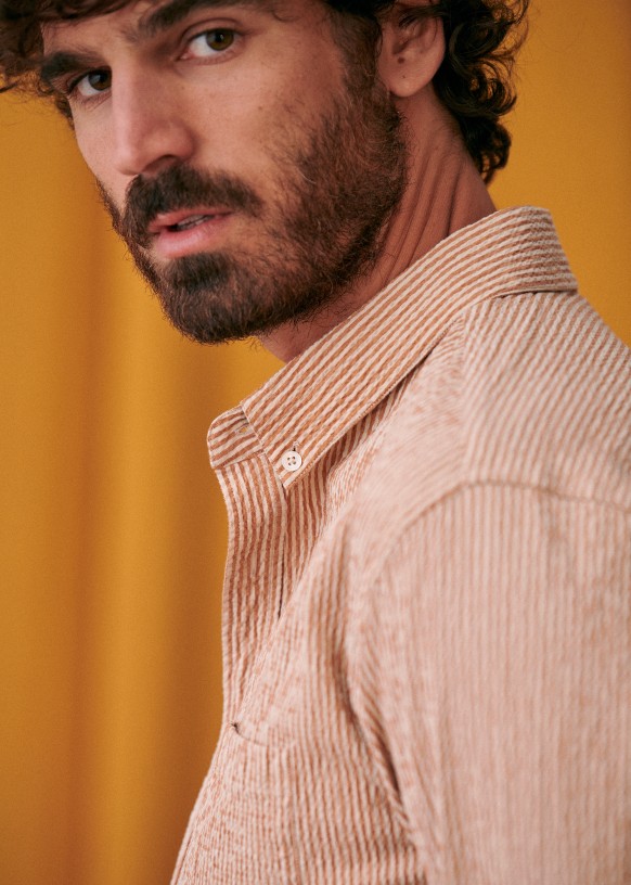 Charlie Seersucker Shirt - Ecru / Ochre - Cotton - Octobre Éditions