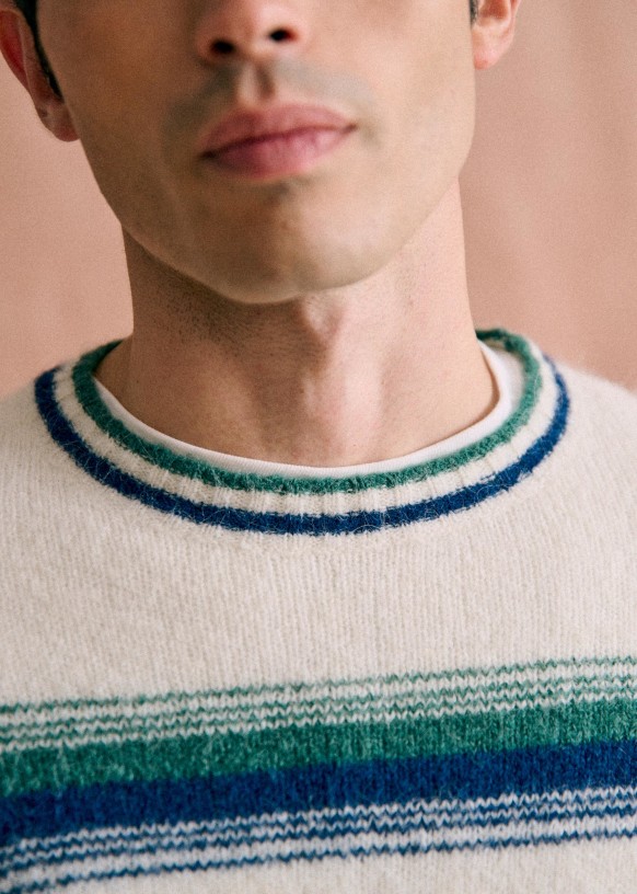 Collins Sweater - Ecru Blue and Green Stripes - Wool - Octobre Éditions