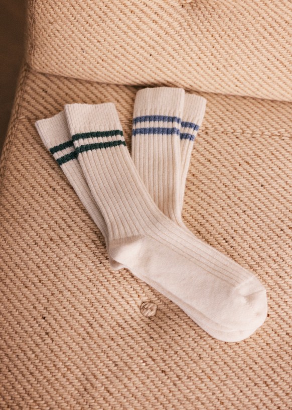 Pack Rowan Socks - Ecru with Blue / Green Stripes - Recycled wool - Sézane