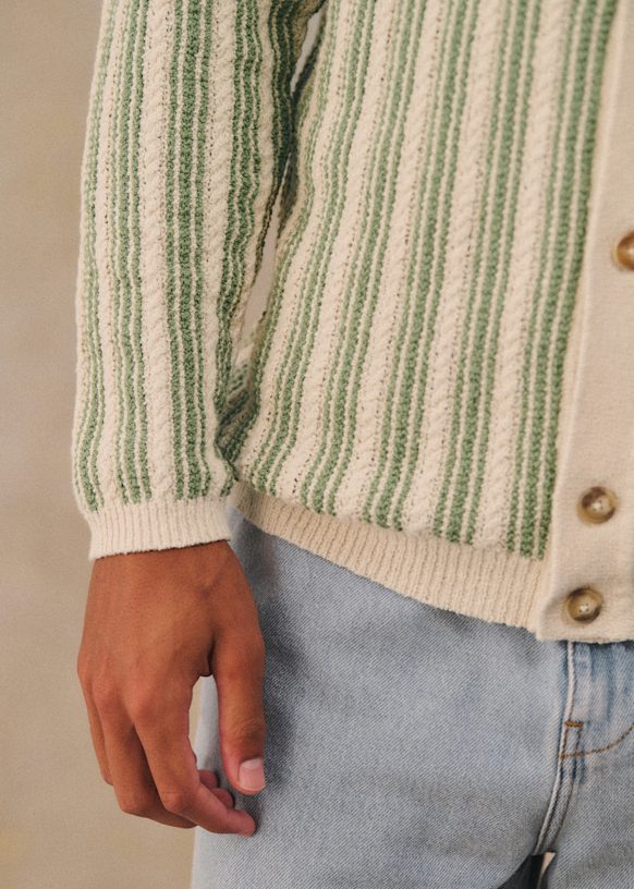 Cardigan Alessio - Écru / Vert Sauge - Coton biologique - textile à base de fibres biologiques ...