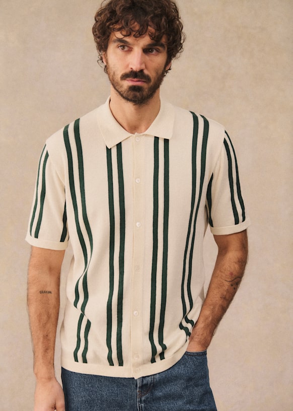 Braden Shirt - Ecru with Green Stripes - Organic cotton - organic textile - Sézane