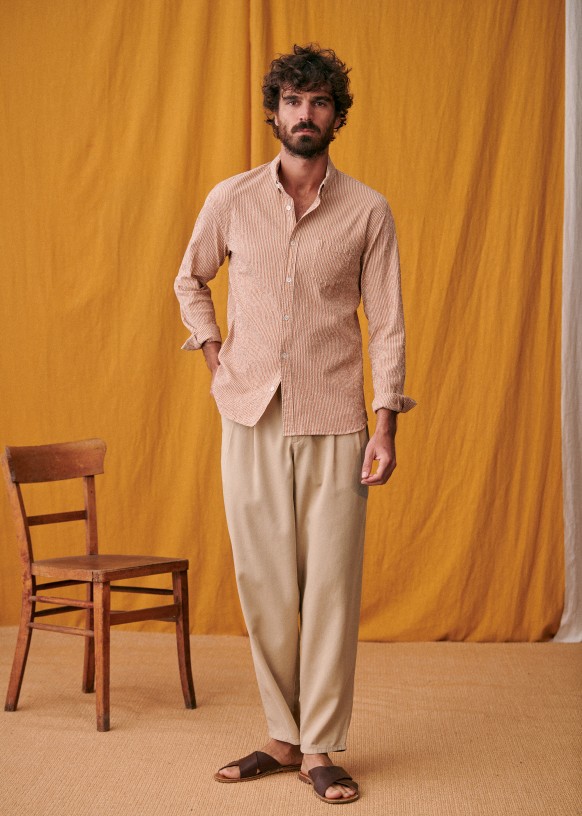 Charlie Seersucker Shirt - Ecru / Ochre - Cotton - Sézane