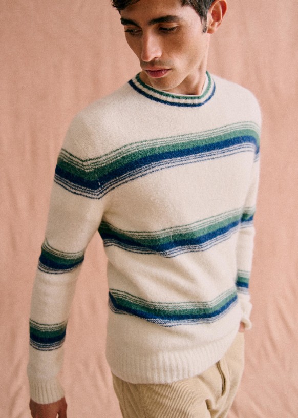 Collins Sweater - Ecru Blue and Green Stripes - Wool - Octobre Éditions