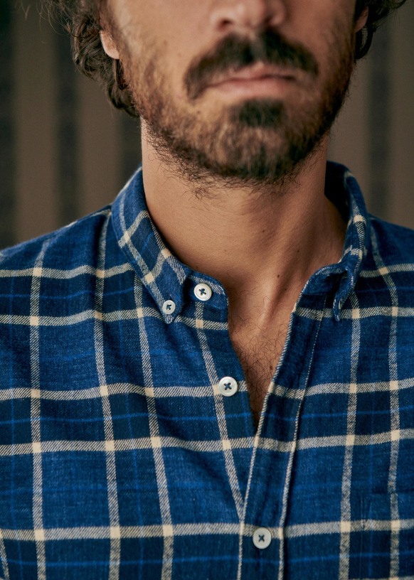 Flannel Charlie Shirt - Ecru / Navy - Cotton - Sézane