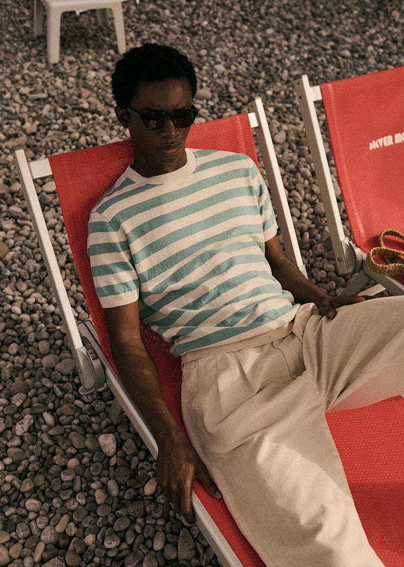 Koa Jersey T-Shirt - Beige / Steel Blue - Cotton - Octobre Éditions