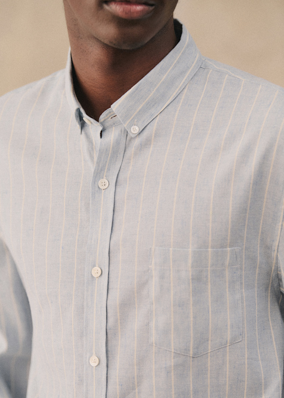 Cotton Linen Charlie Shirt - Sky Blue with White Stripes - Linen - Sézane